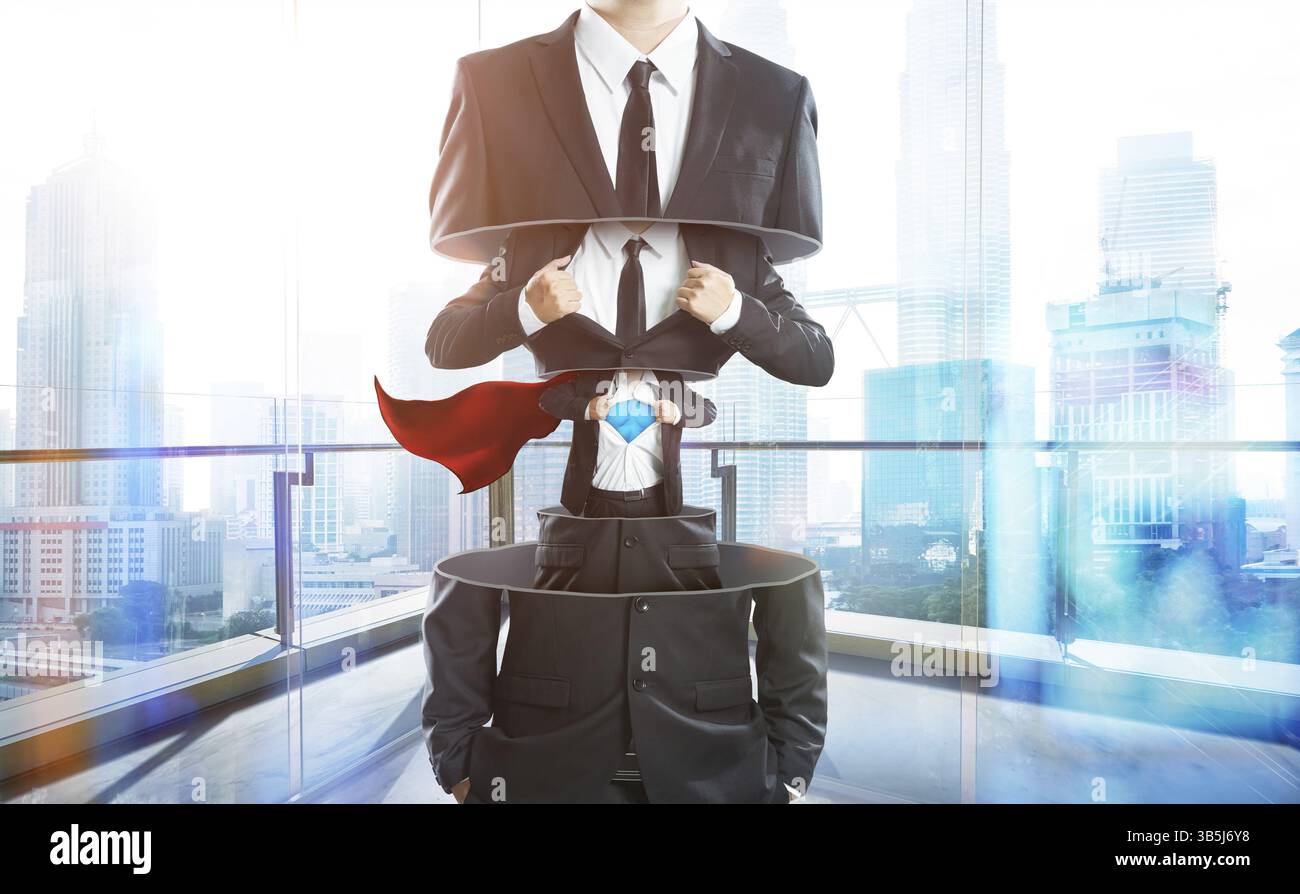 Businessman in suit transform to super hero from layer to layer, hard ...
