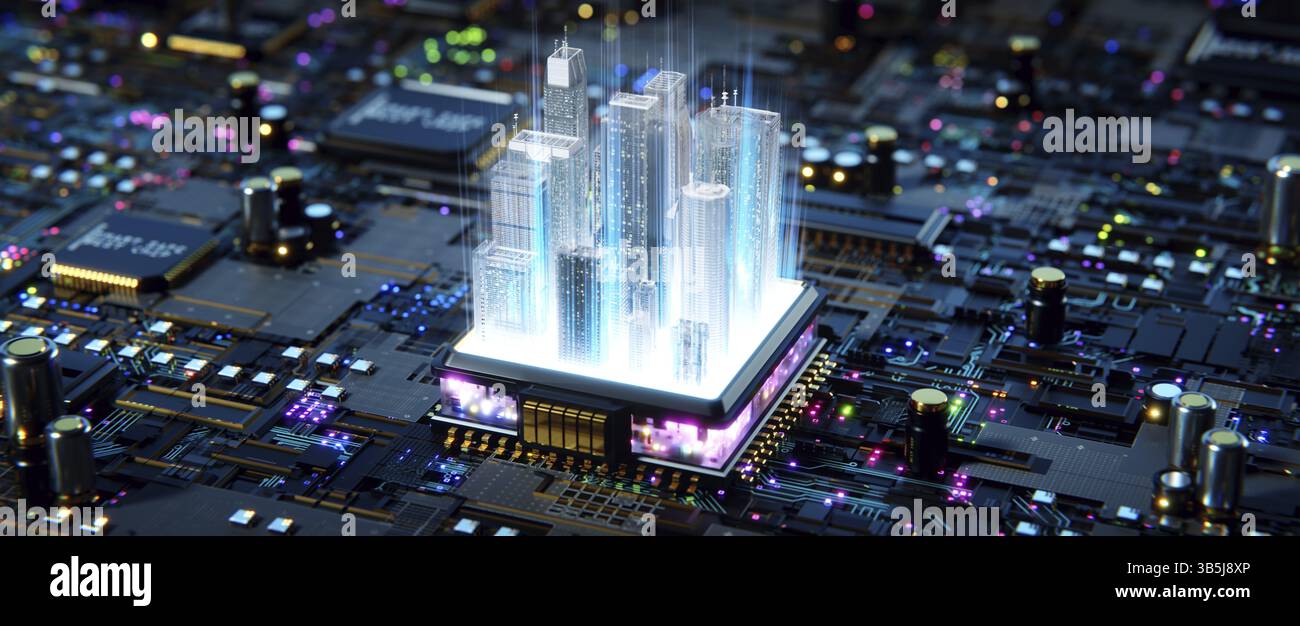 Smart chip processor with buildings. Smart city concept. 3d rendering ...