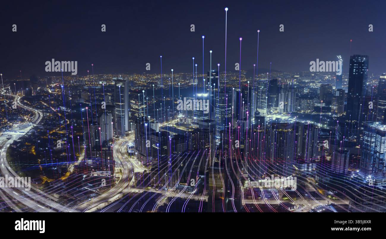 Smart city with particle glowing light connection design, big data ...
