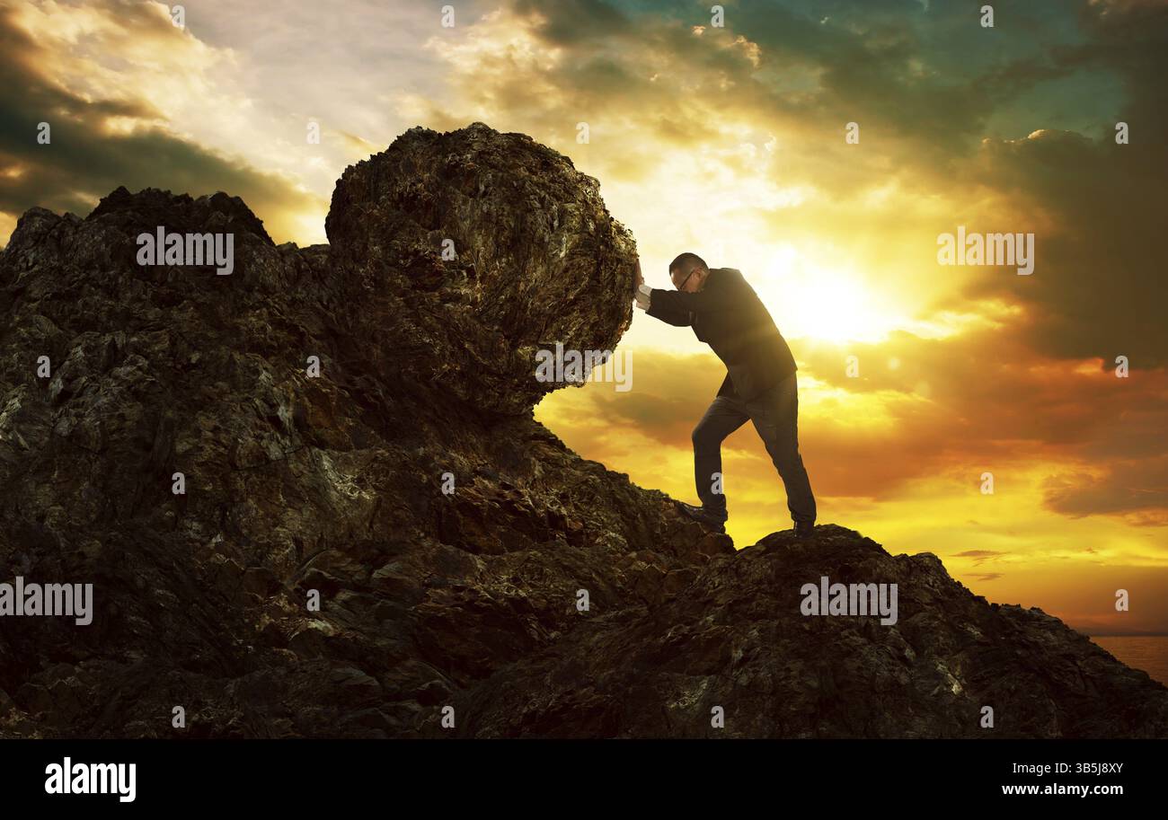 Business man pushing large stone up to hill, Business heavy tasks and ...