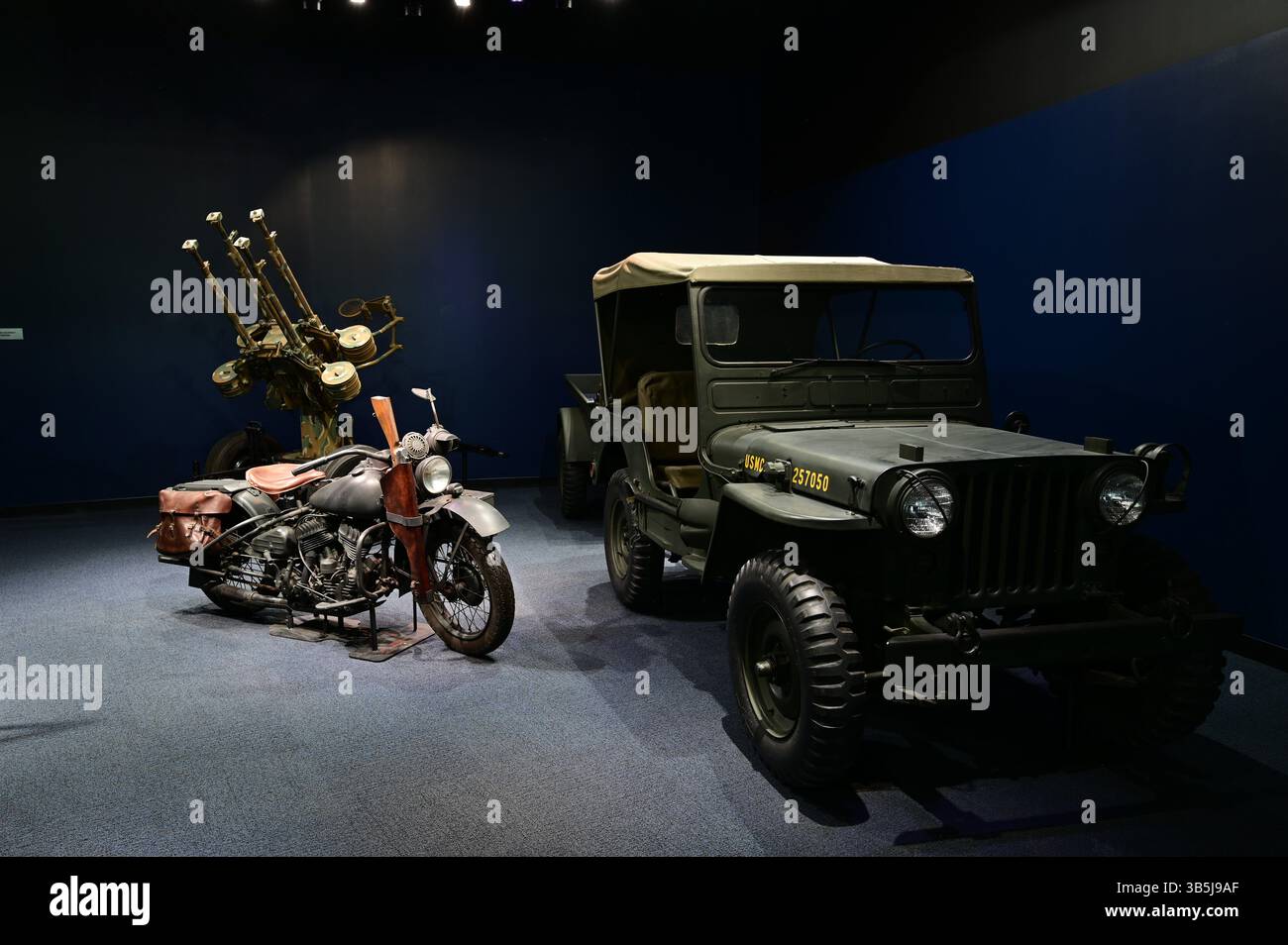Anti-Aircraft gun, motorbike and jeep as used by the US Marines at the ...
