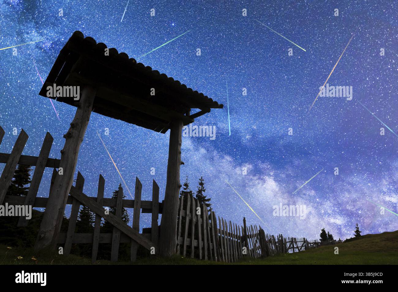 A view of a Meteor Shower and the blue Milky Way with wooden entrance ...