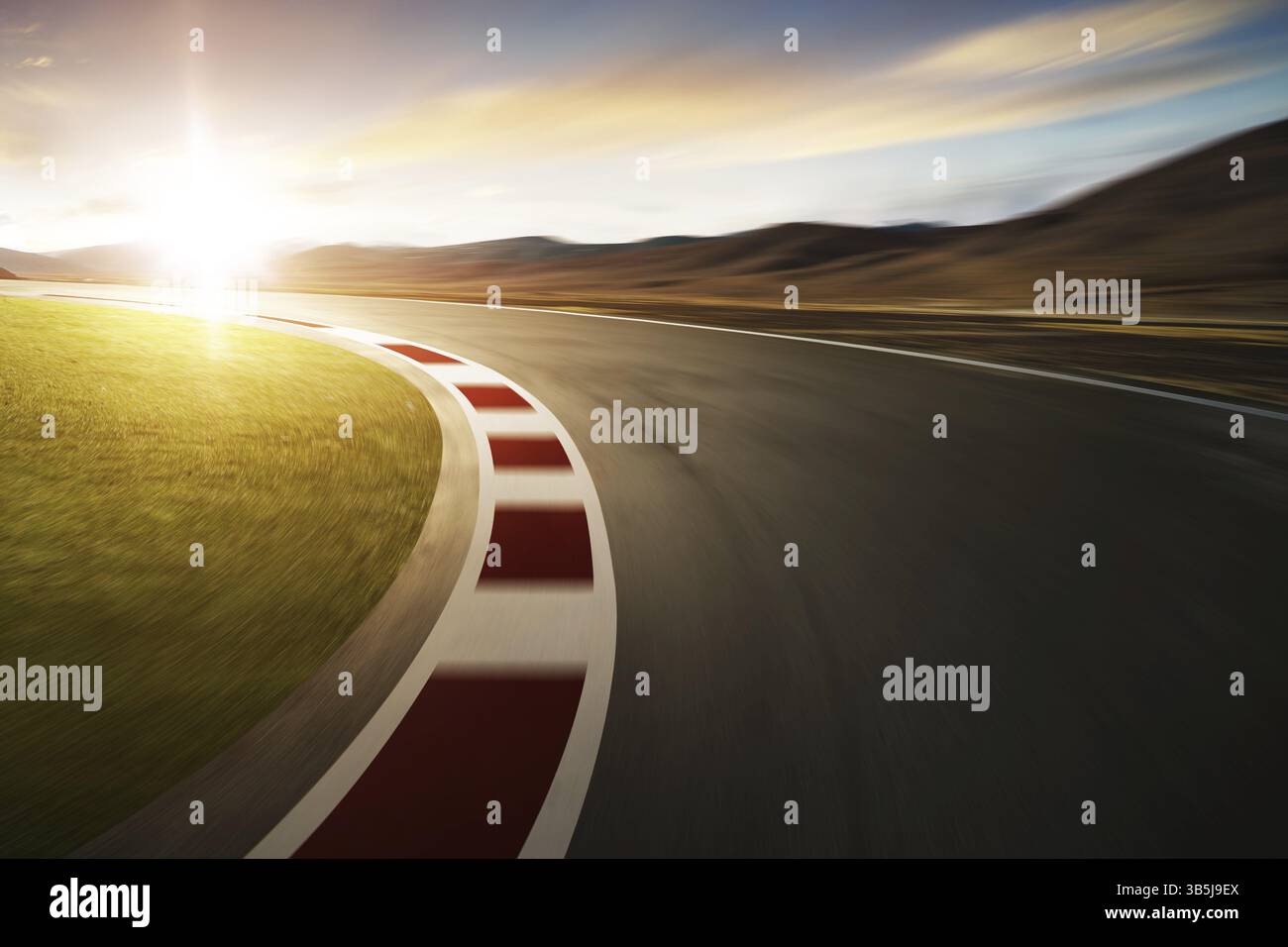 Motion blurred racetrack with mountain background, warm mood Stock ...