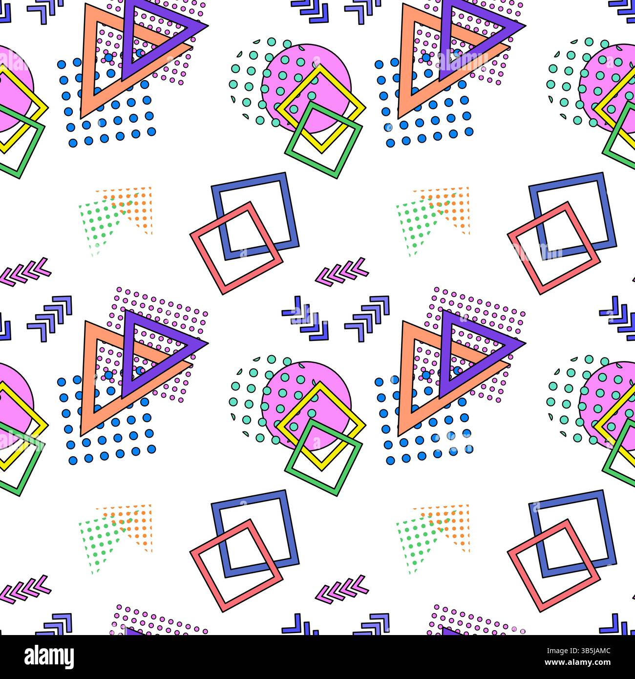 Vintage naive 80s Memphis style seamless pattern featuring geometric abstract shapes like ...