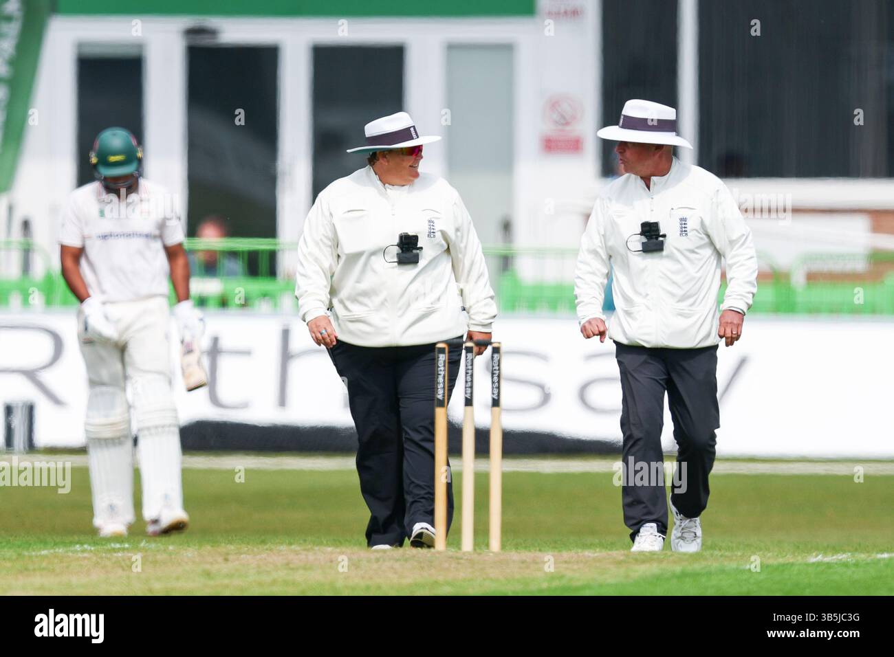 Leicester, UK. 02nd May, 2025. Umpires, Sue Redfern & Gary Lloyd chat ...