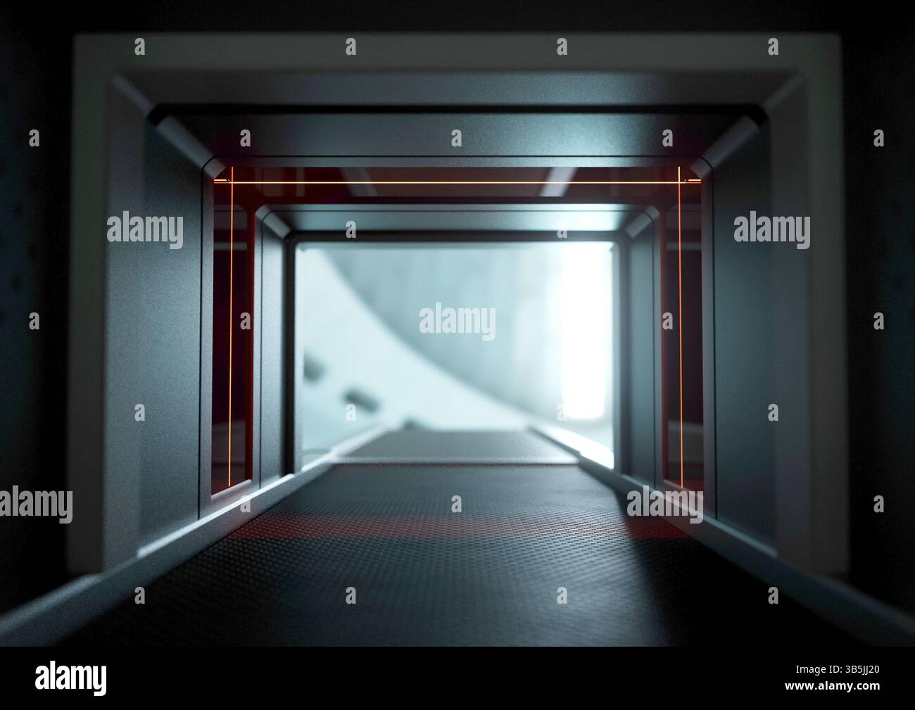 An interior of a baggage scanner with red scanning lights - 3D render ...