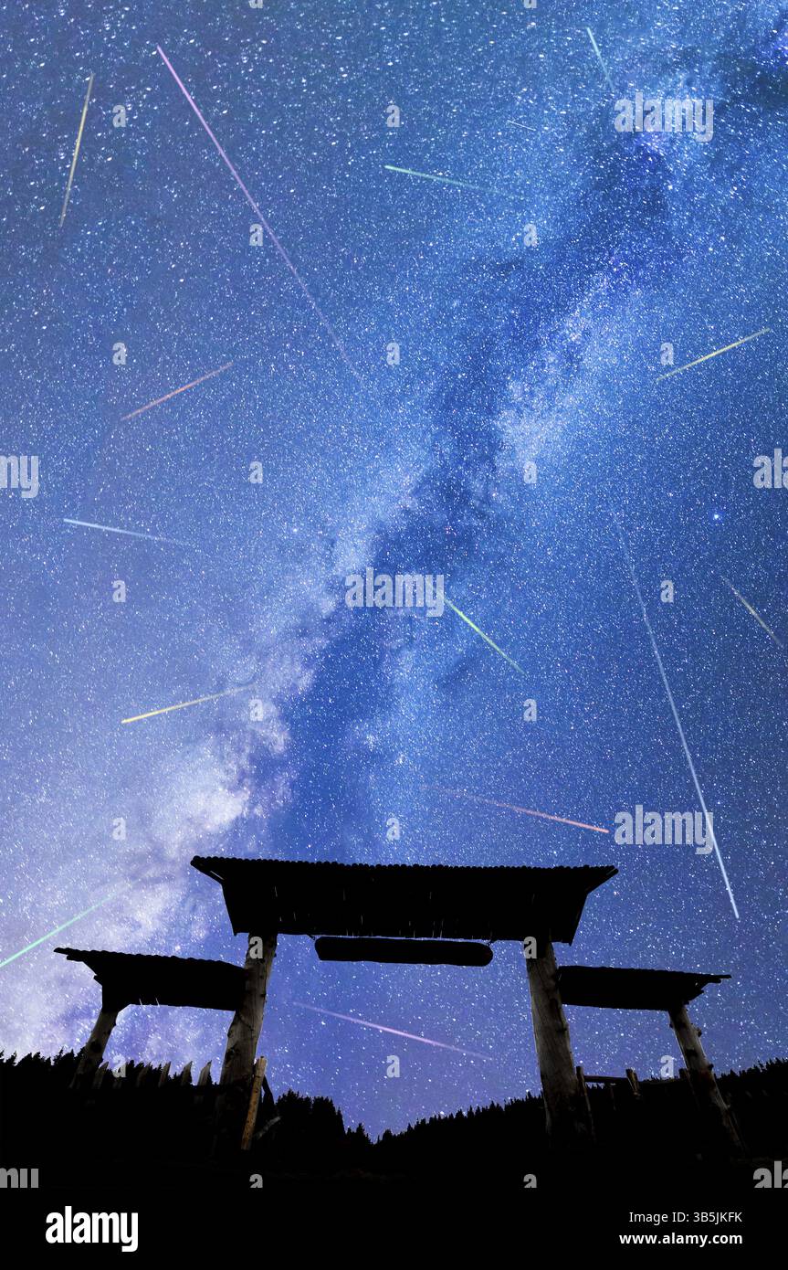 A view of a Meteor Shower and the Milky Way with wooden entrance door ...