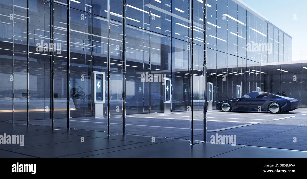 Futuristic electric car charging in front of a modern glass building ...