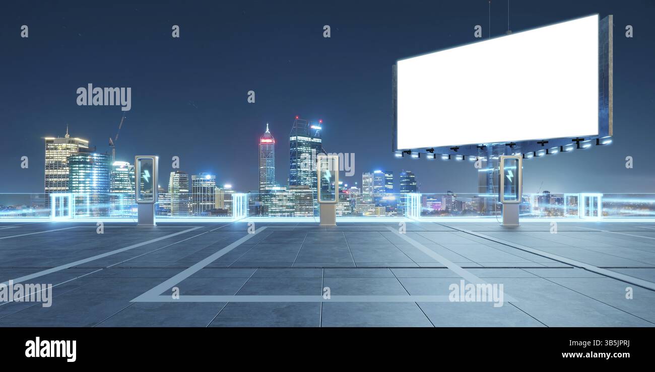 Empty rooftop parking lot with electric vehicle charging stations and a ...