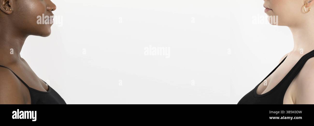 Panoramic shot of two different nationalities with different skin color ...