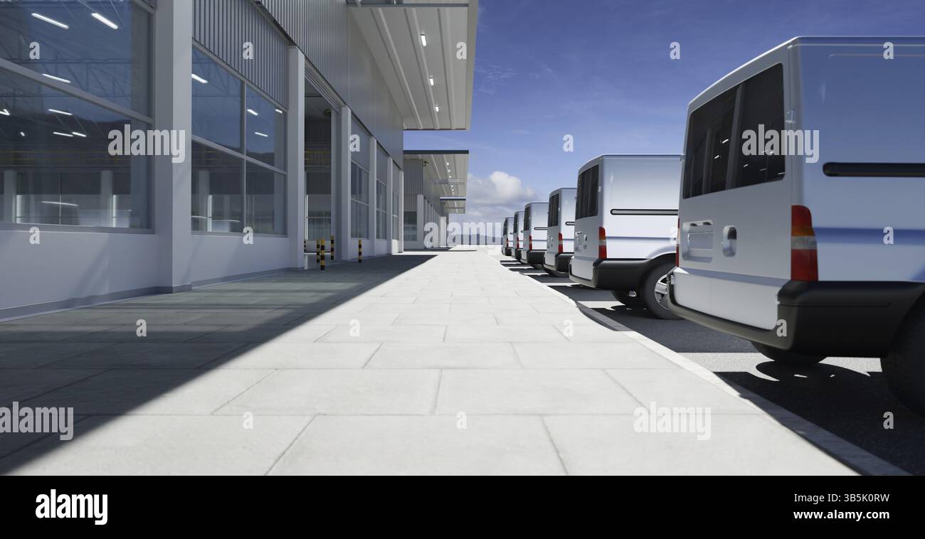 Commercial vans in a row with empty floor and factory building behide ...