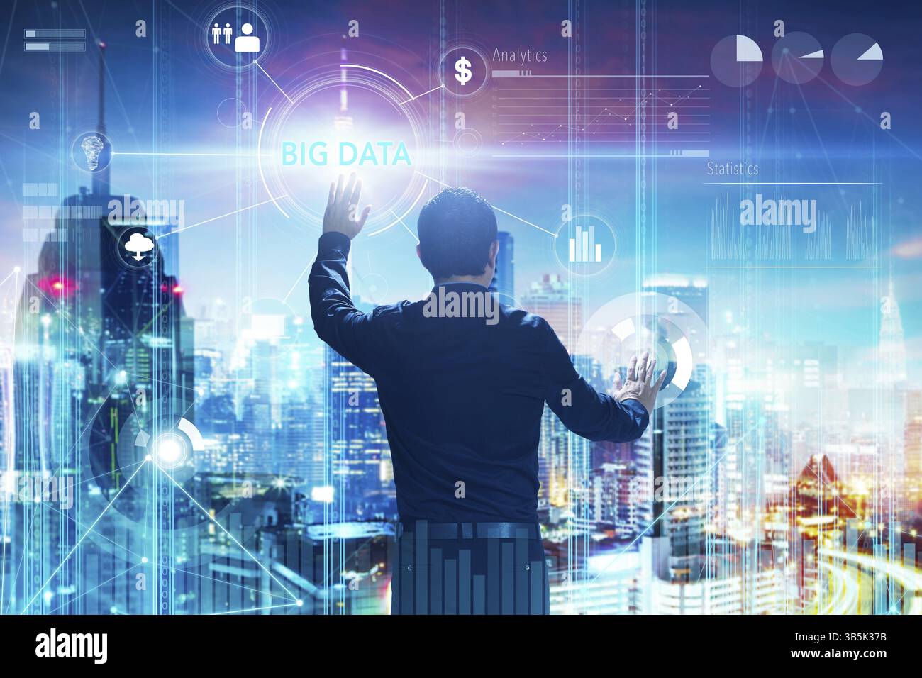 Back view of a businessman touching BIG DATA word on digital virtual ...