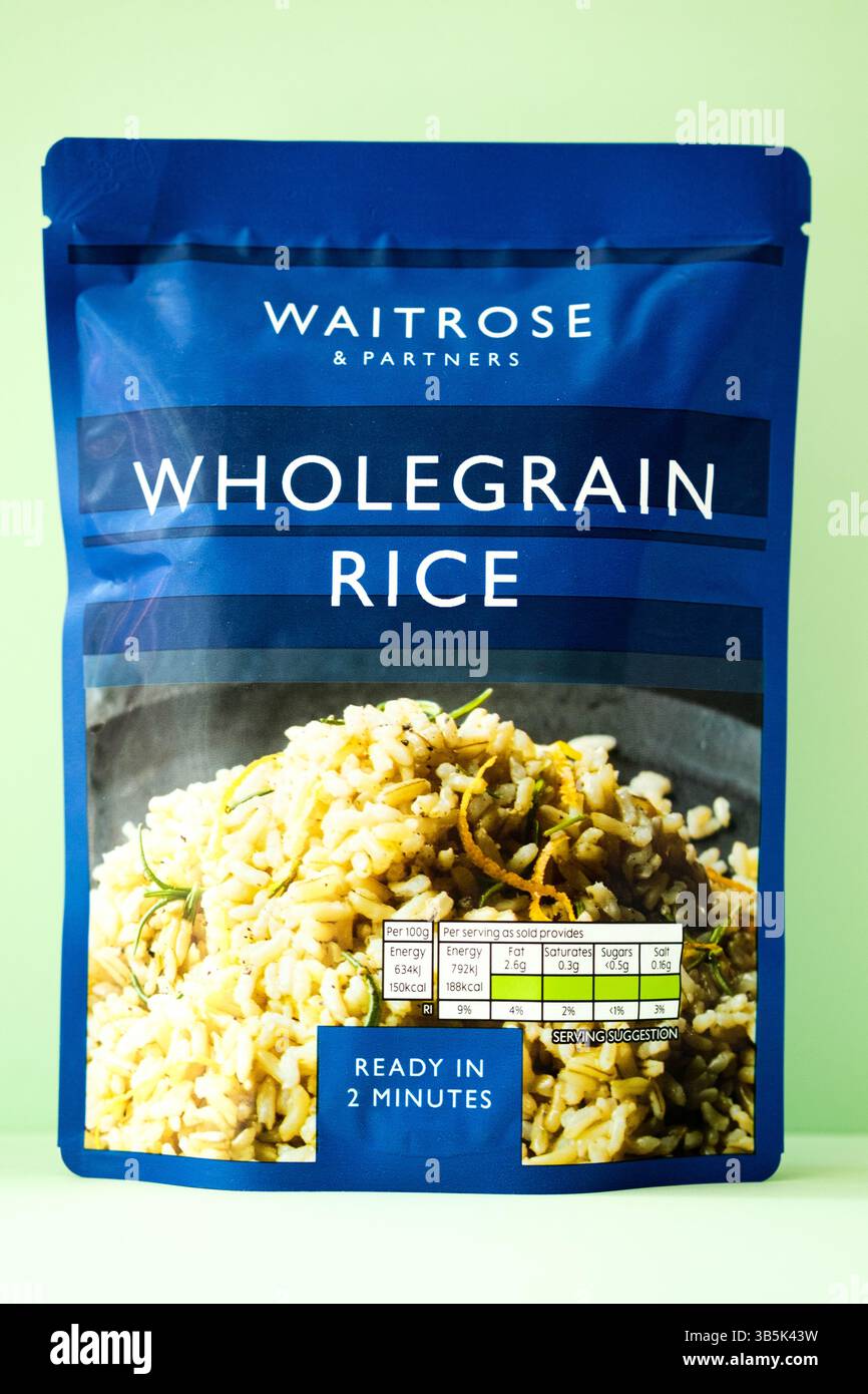 London UK, May 02 2025, Packet of Waitrose Microwave Wholegrain Rice ...