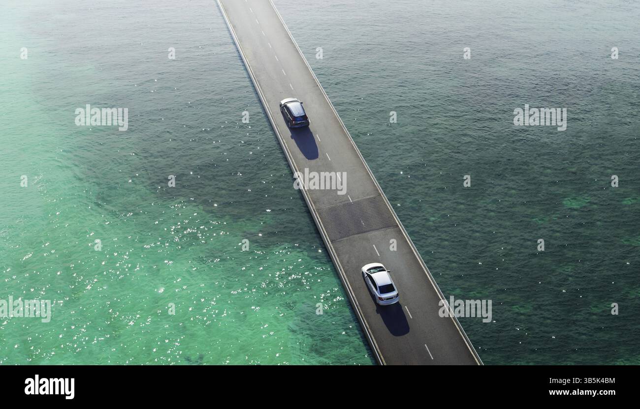 Two car drive pass on flyover bridge at sea, Aerial view Stock Photo ...