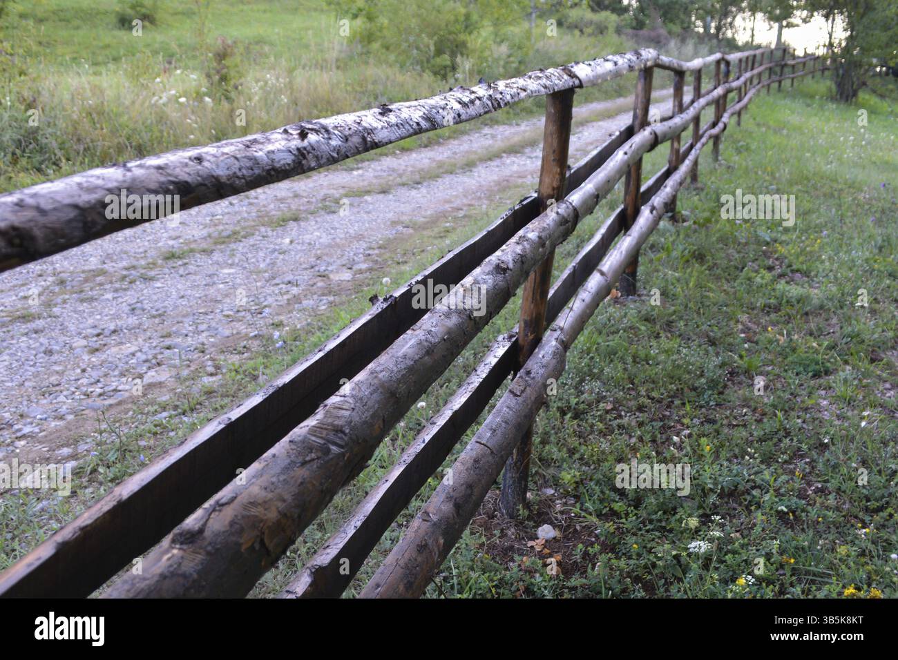 Old rural wooden fence on the road trough the woods Stock Photo - Alamy