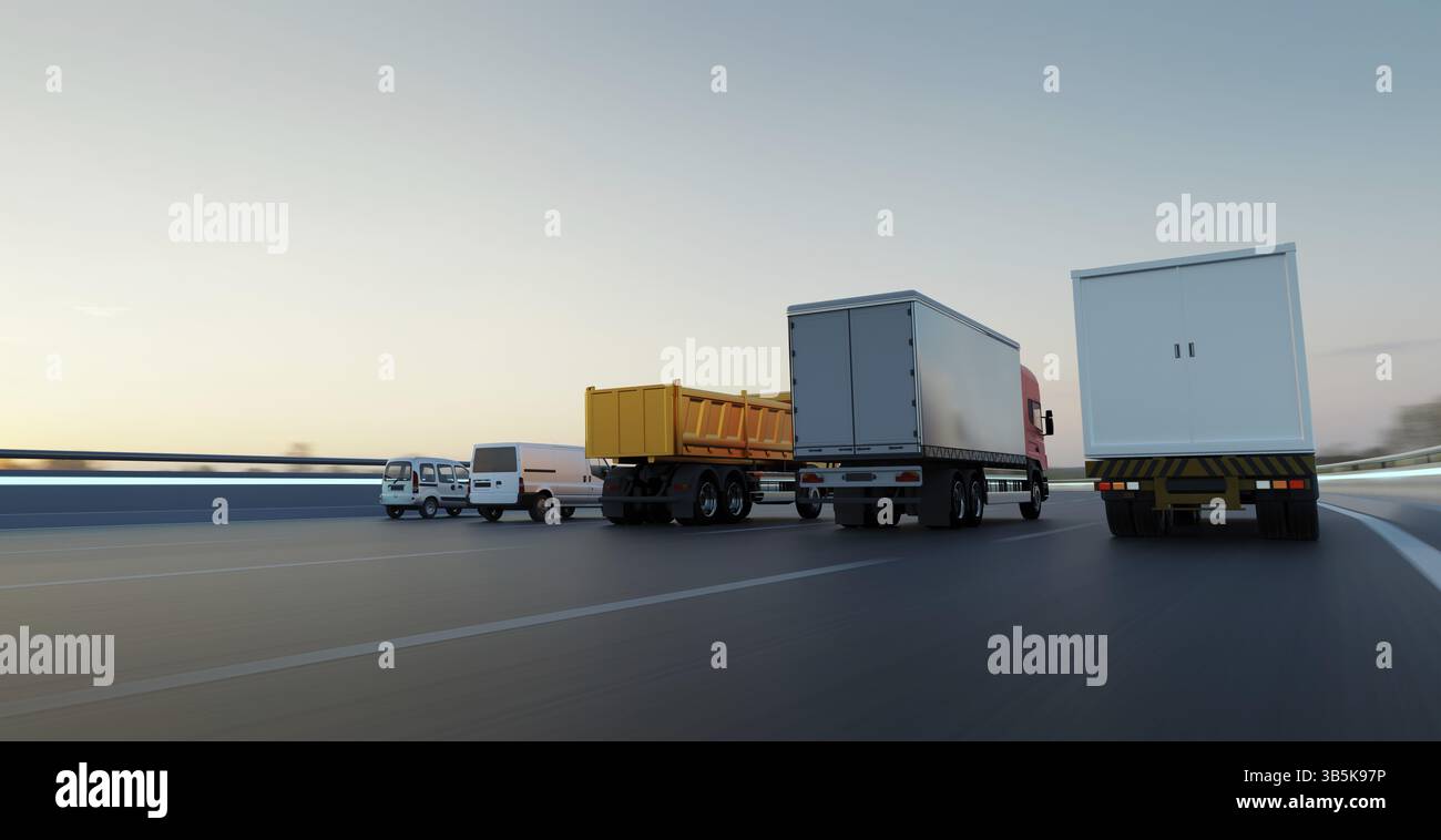 Commercial delivery vehicles in a row on the road. Fast delivery, cargo ...