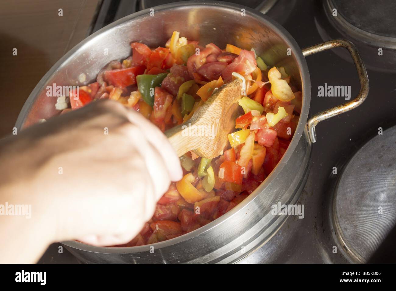 Cooking stew with fresh vegetables in a pot. Mixing it with mixing ...