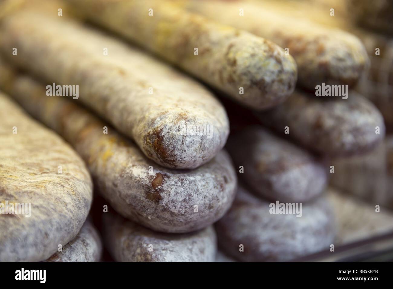 Dried salami sausages. Traditional Bulgarian dried flat salami Stock ...