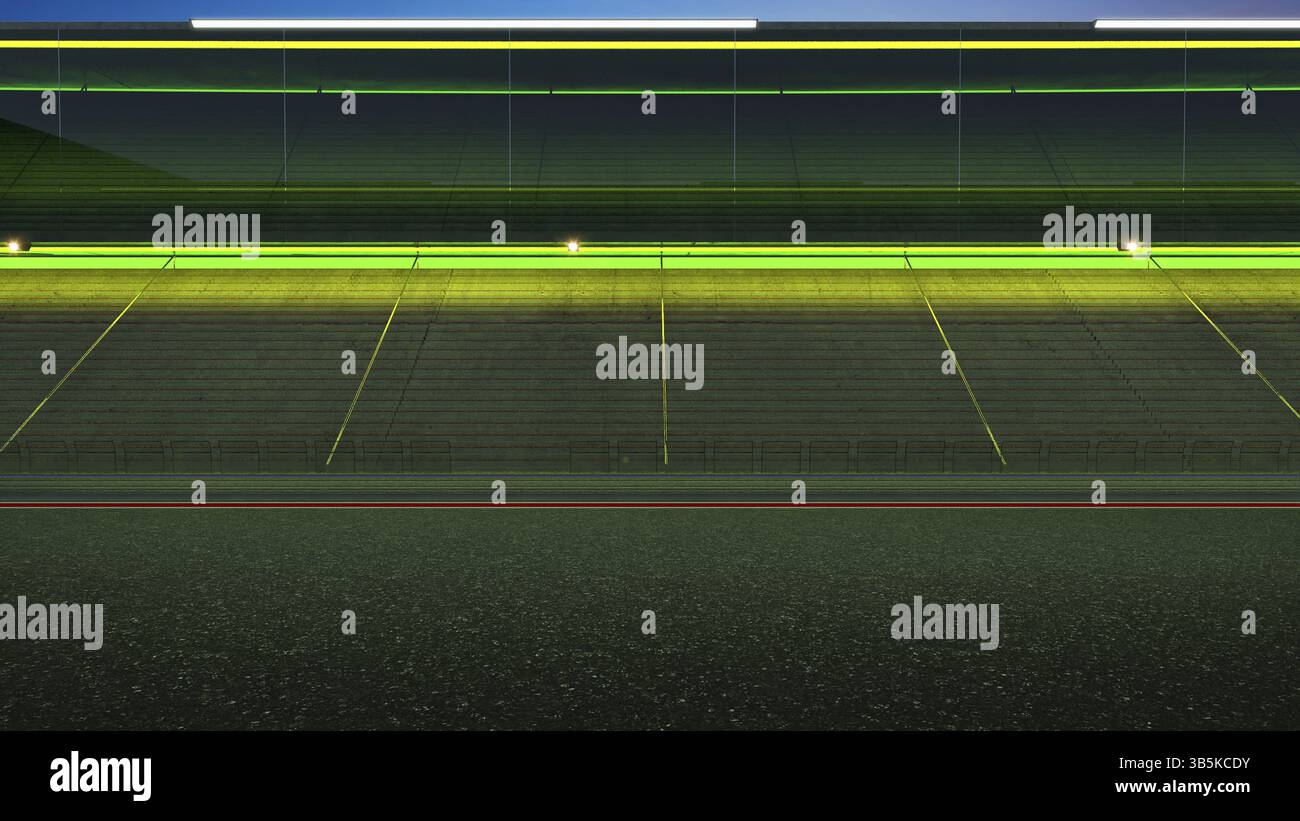 Side view of empty asphalt international race track, night scene . 3d ...