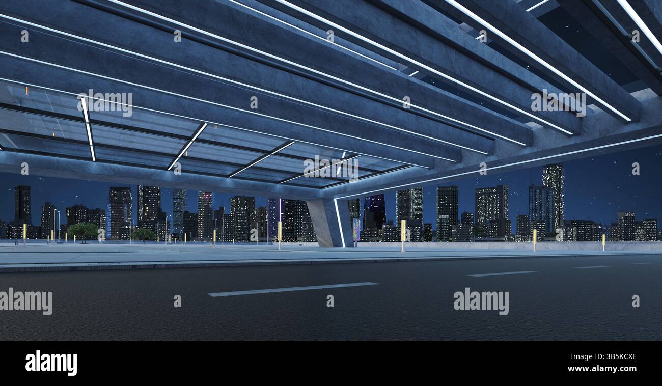 Roadside street view with modern rooftop building with cityscape scene ...