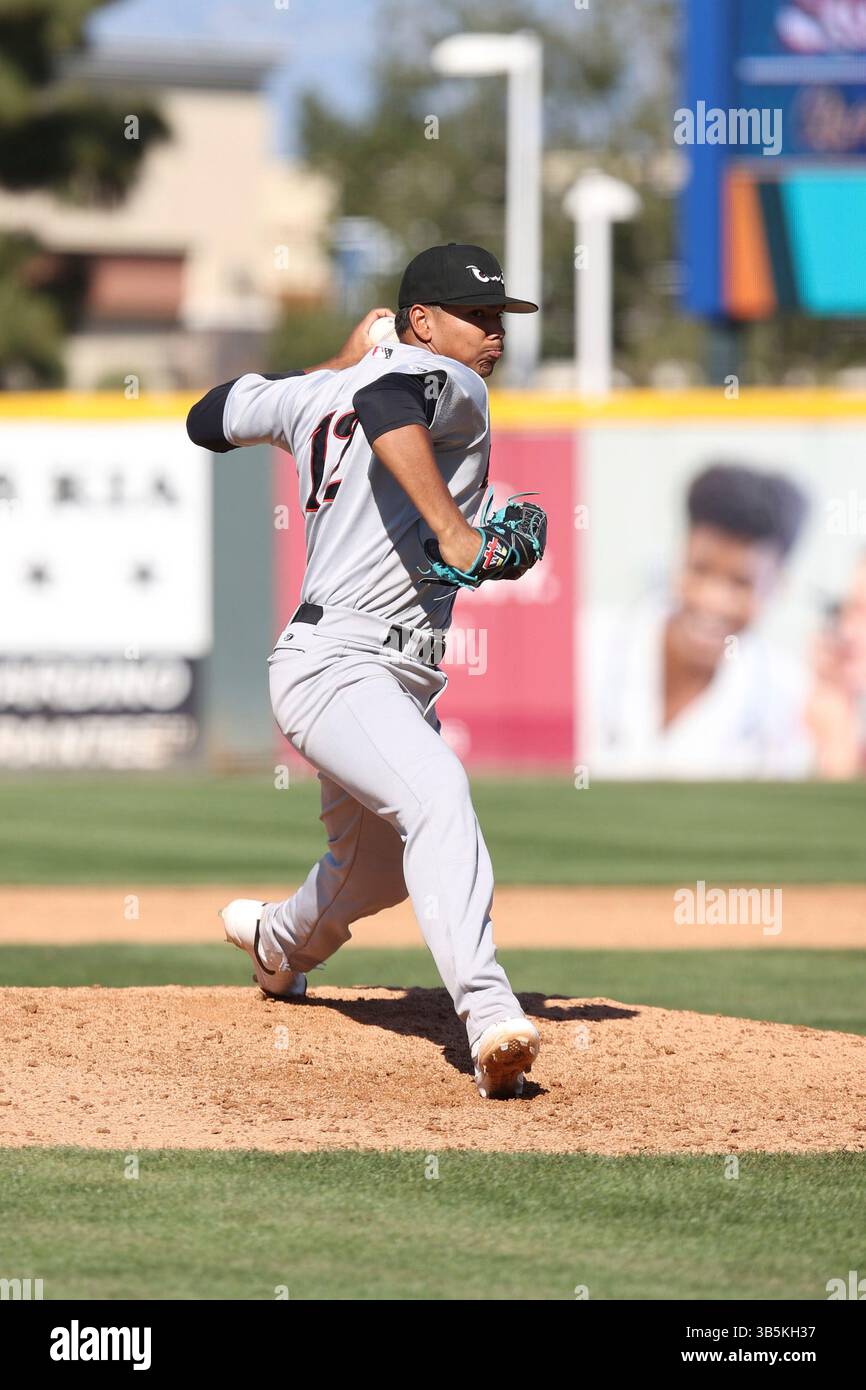 Braian Salazar (12) of the Lake Elsinore Storm pitches against the ...