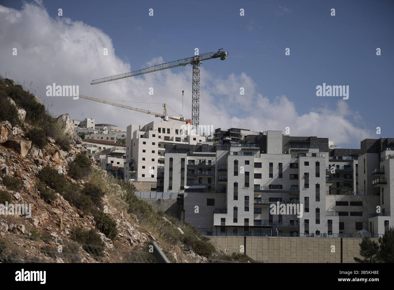Apartment buildings in the Israeli settlement of Rahmat Shlomo are seen ...