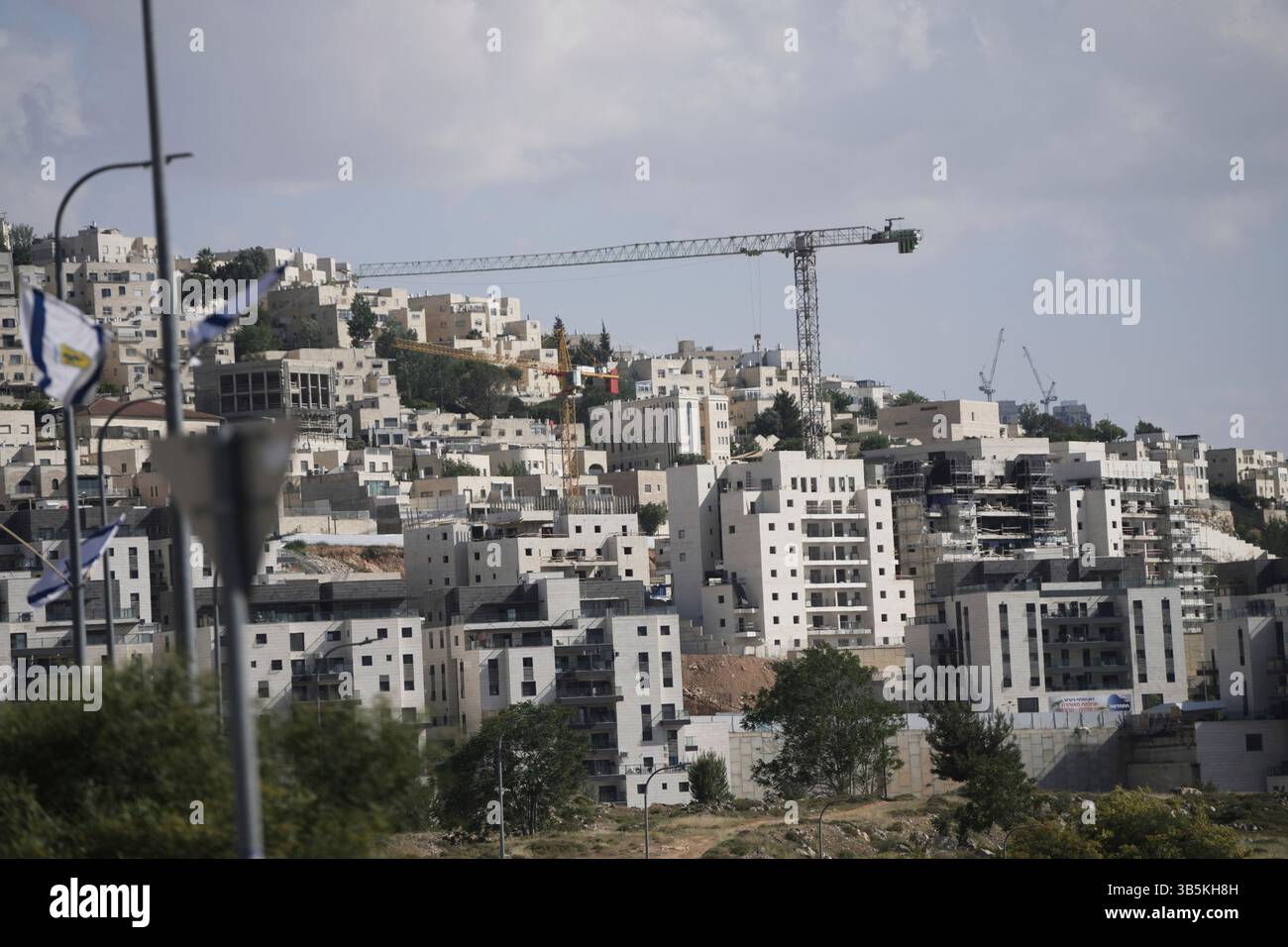 Apartment buildings in the Israeli settlement of Rahmat Shlomo are seen ...
