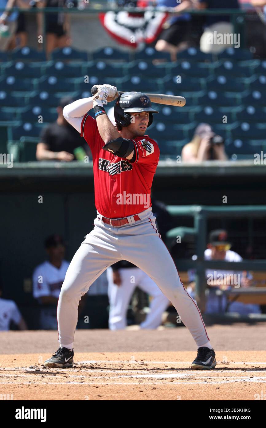 Blake Wright (1) of the Fresno Grizzlies bats against the Inland Empire ...