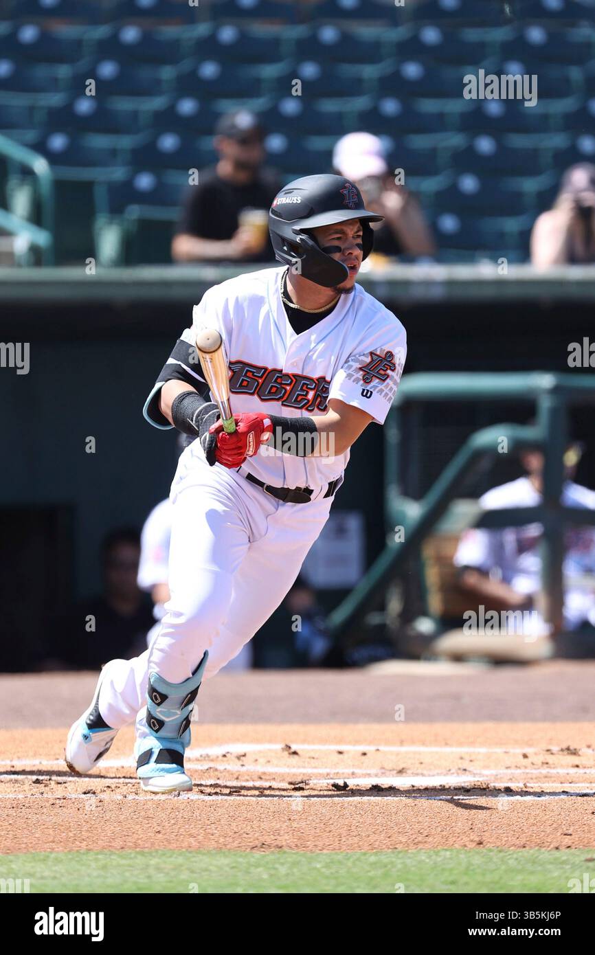 Jorge Ruiz (3) of the Inland Empire 66ers bats against the Fresno ...