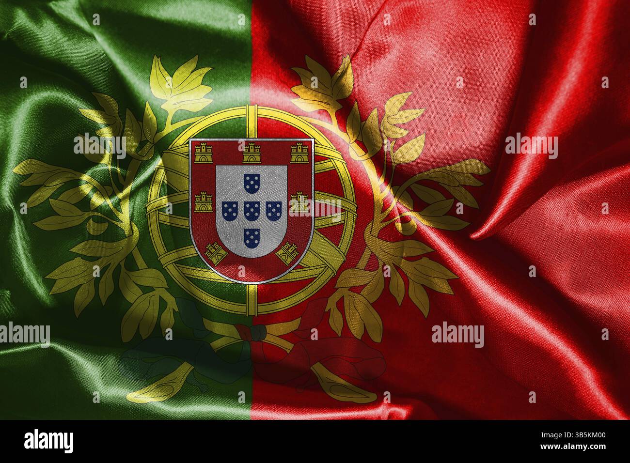 Portugal National Flag With Coat Of Arms Wawving In The Wind 3D ...