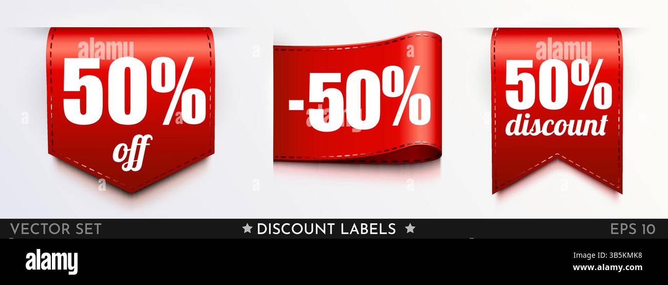 50 percent off. Ribbon sale tag. Red percentage label. Vector ...