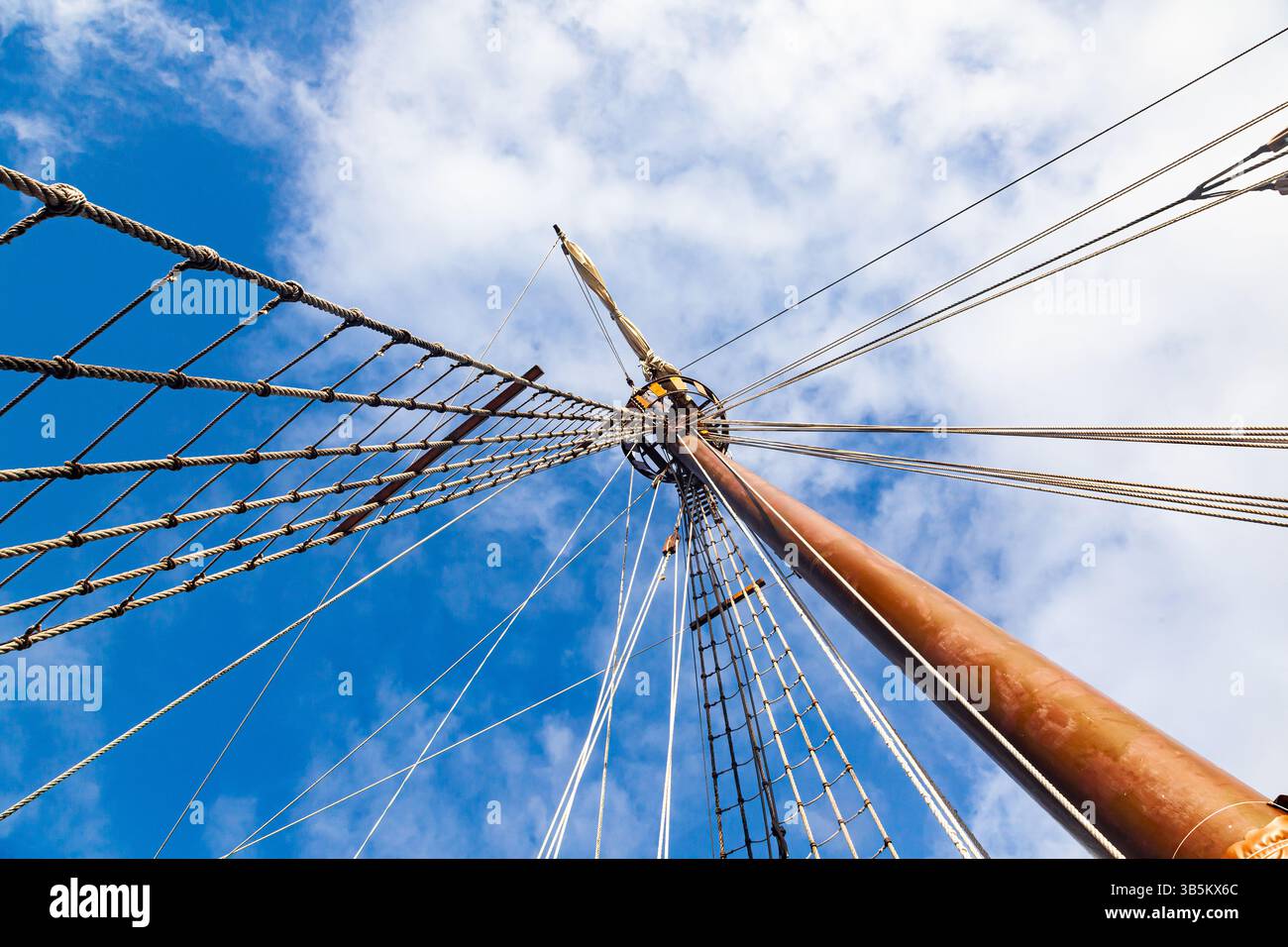 Mast with ropes and ladder on an old wooden ship, bottom view Stock ...