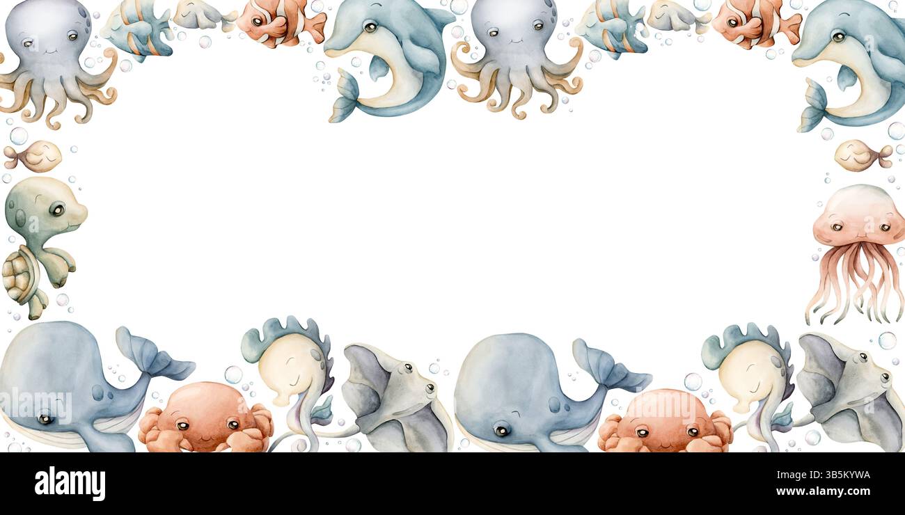 Sea animal Frame. Cute ocean creatures. Adorable underwater world ...