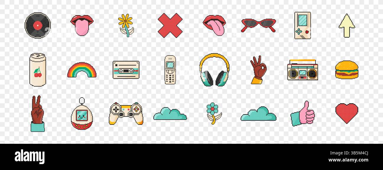 8 bit retro y2k elements icon set. Pixel art object. Old school computer graphic style. Disc ...