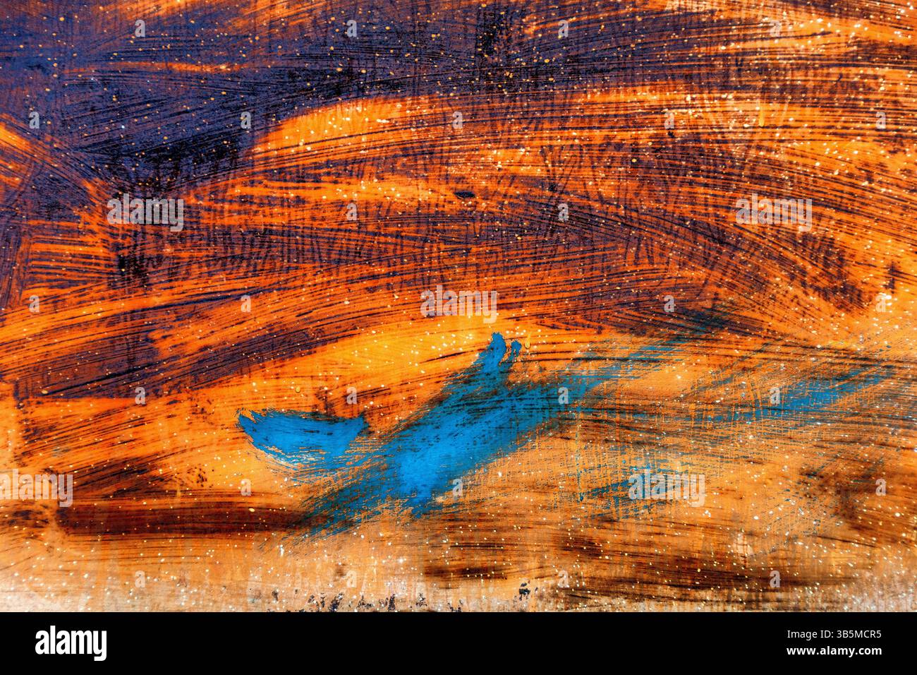 Bright blue strokes dance across a rich orange backdrop on a textured ...