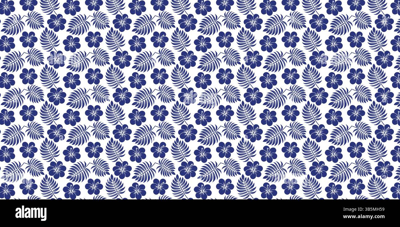 Elegant Tropical Flower and Leaf Pattern in Deep Blue on White Stock ...