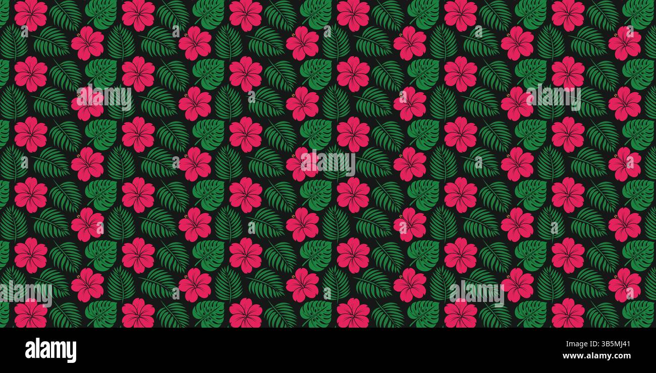 Vibrant Tropical Hibiscus and Palm Leaf Pattern on Dark Background ...
