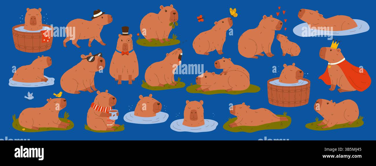 Cute capybaras collection. Set of exotic rodents swimming in pond ...