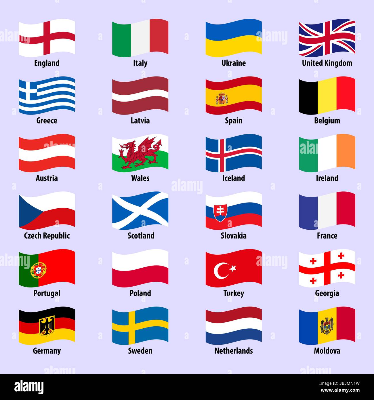 Set of European countries flags in wavy style on a bright background ...