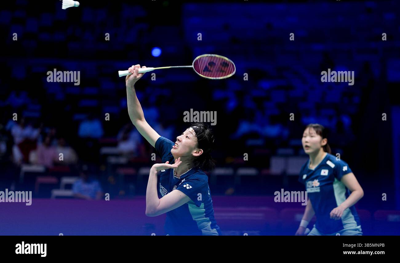 Xiamen, China's Fujian Province. 2nd May, 2025. Baek Ha Na/Lee So Hee (L) of South Korea compete ...