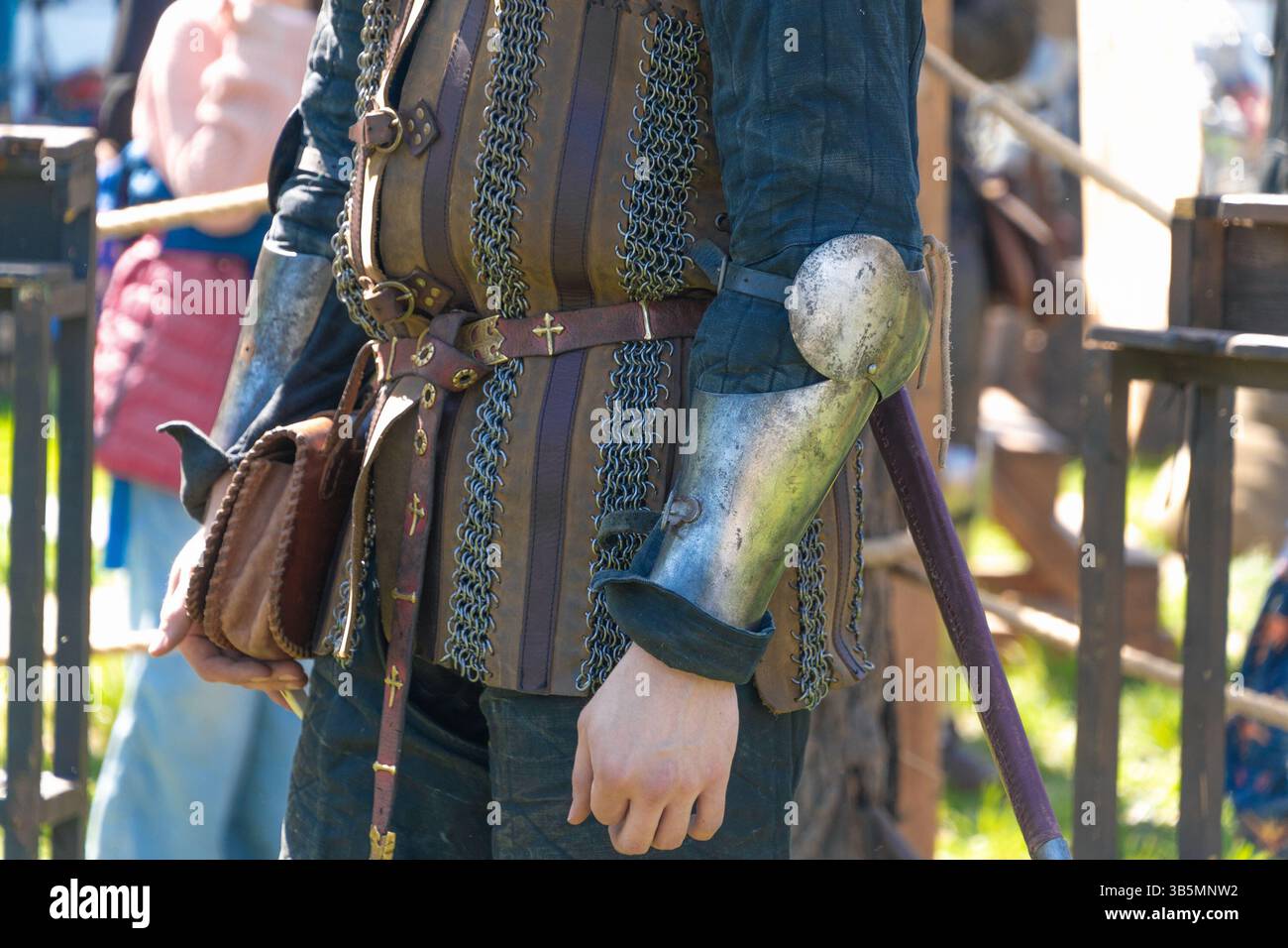 Medieval knight armor with chainmail and arm guard at outdoor event ...