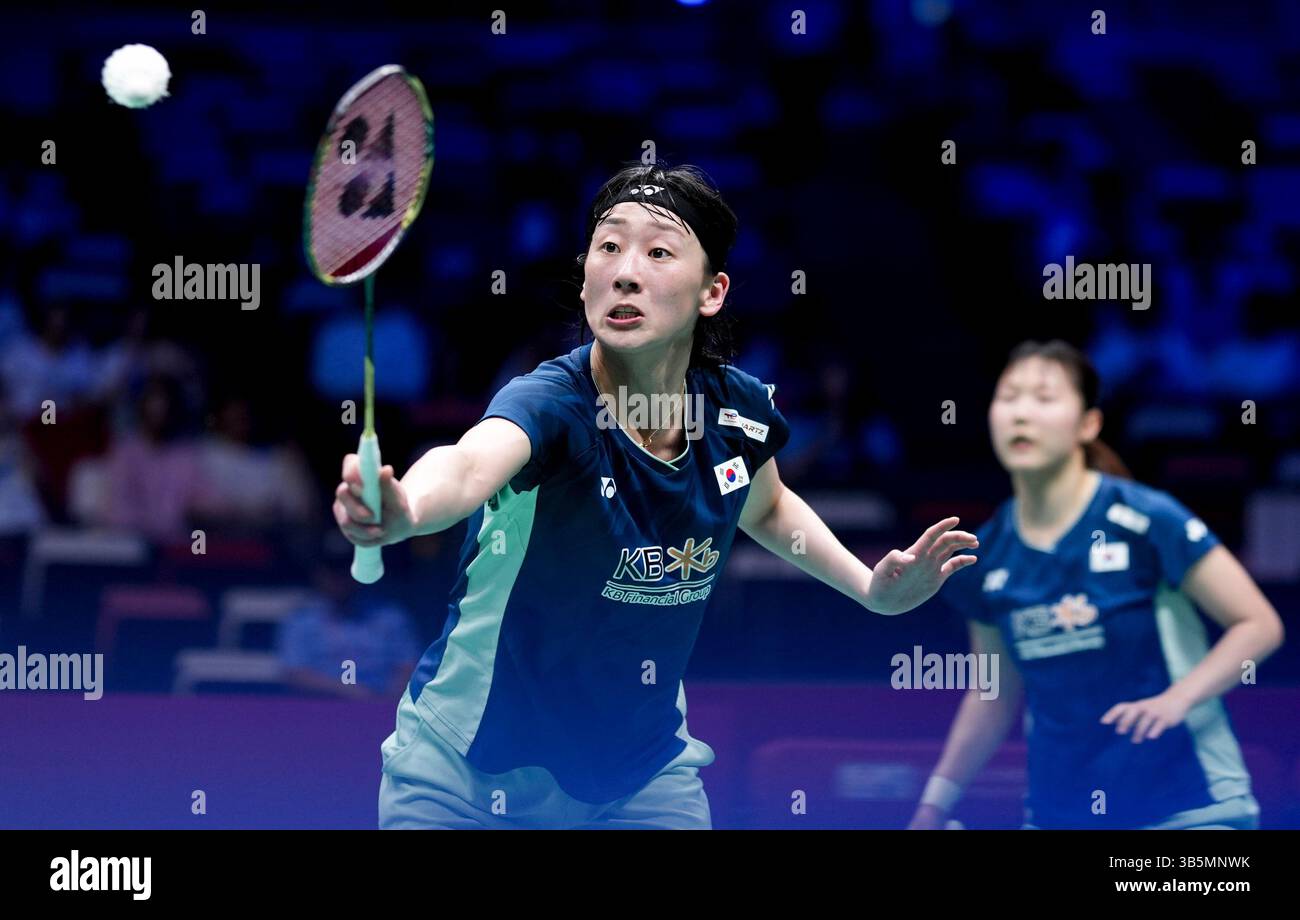Xiamen, China's Fujian Province. 2nd May, 2025. Baek Ha Na/Lee So Hee (L) of South Korea compete ...