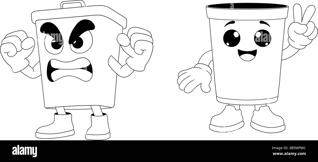 Playful outline vector illustrations of animated trash bins with ...