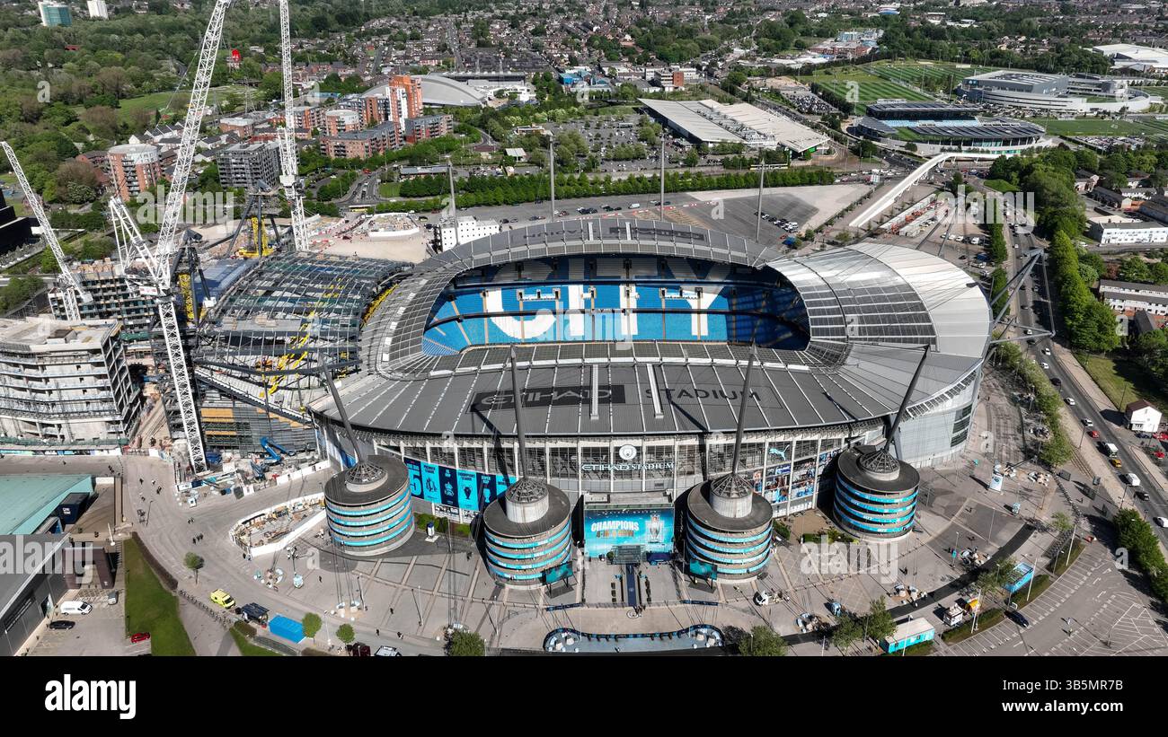 An aerial view of the Etihad Stadium on during the Premier League match ...