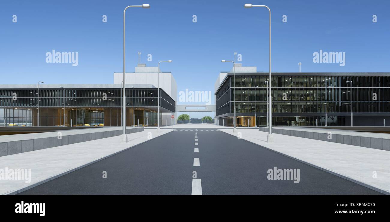 Roadside street view with office buildings background. 3d rendering ...