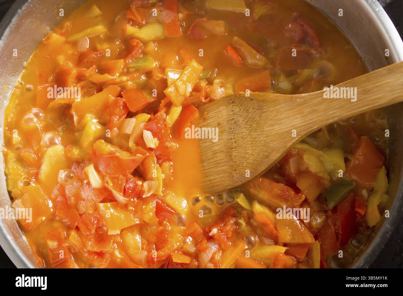 Cooking stew with fresh vegetables in a pot. Mixing it with mixing ...