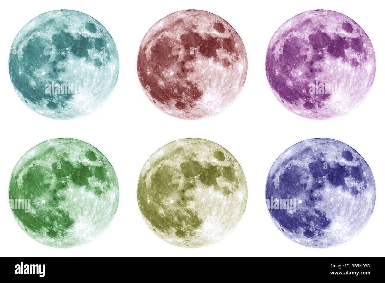 Six different colors collage of the full Moon is seen isolated on a ...