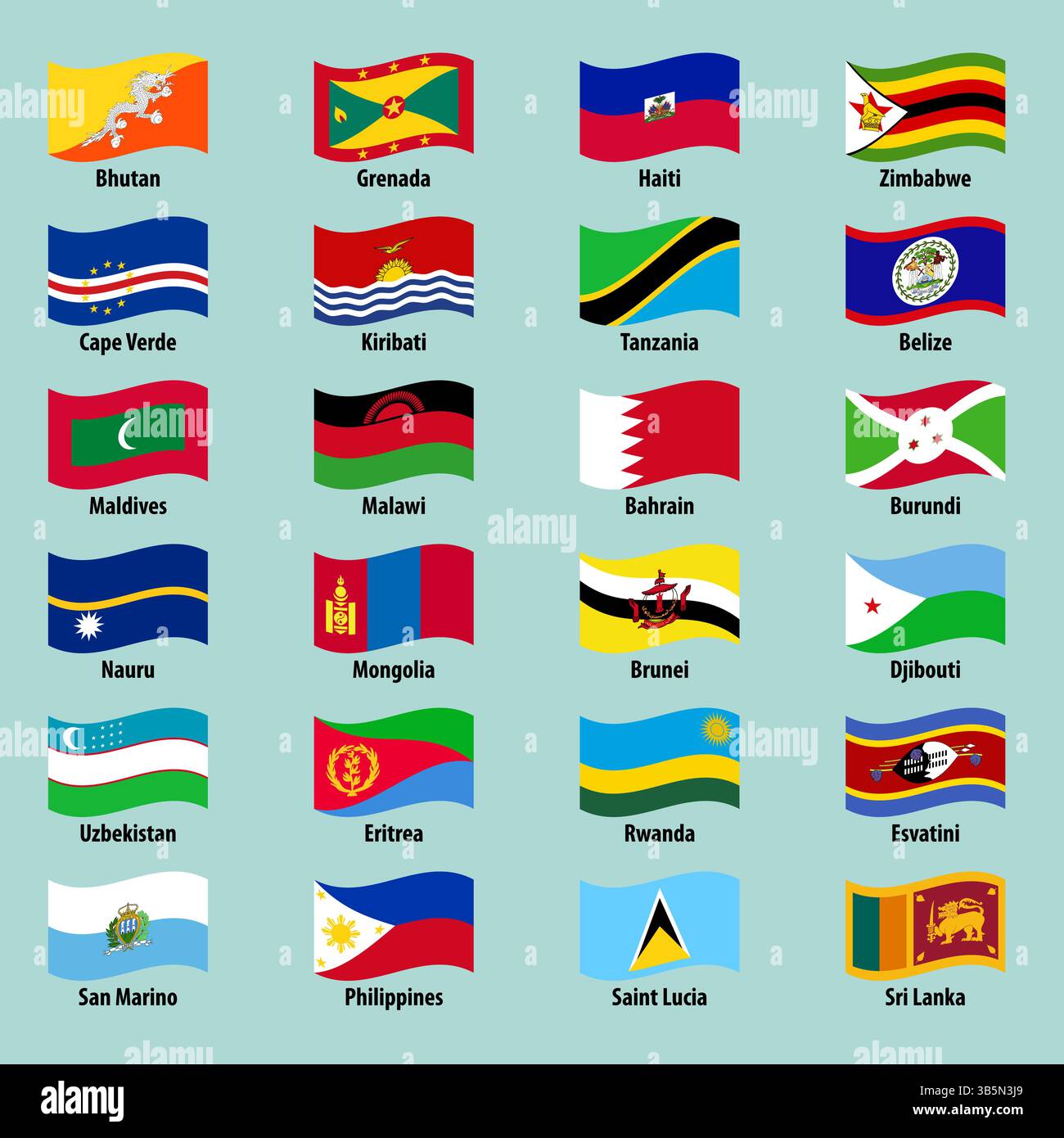 Collection of national waving flags of countries on a bright background ...