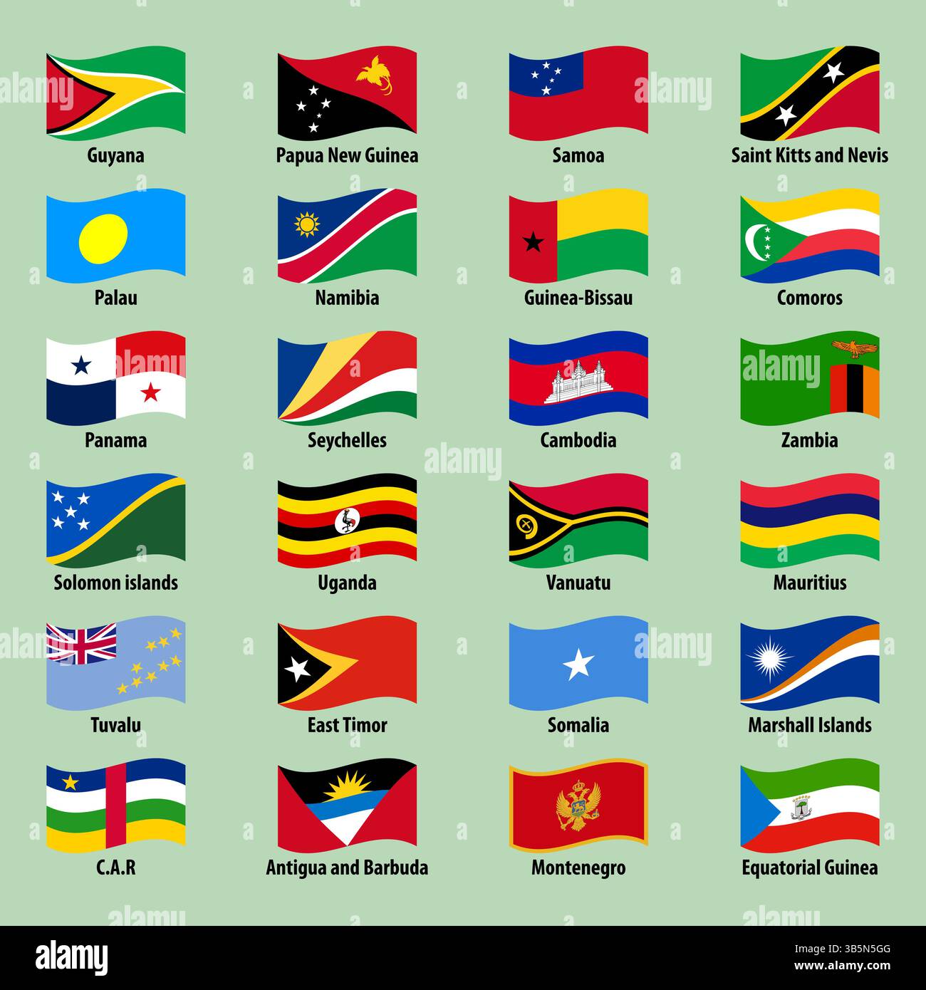 Large set of national flags of countries in wavy style on a bright ...