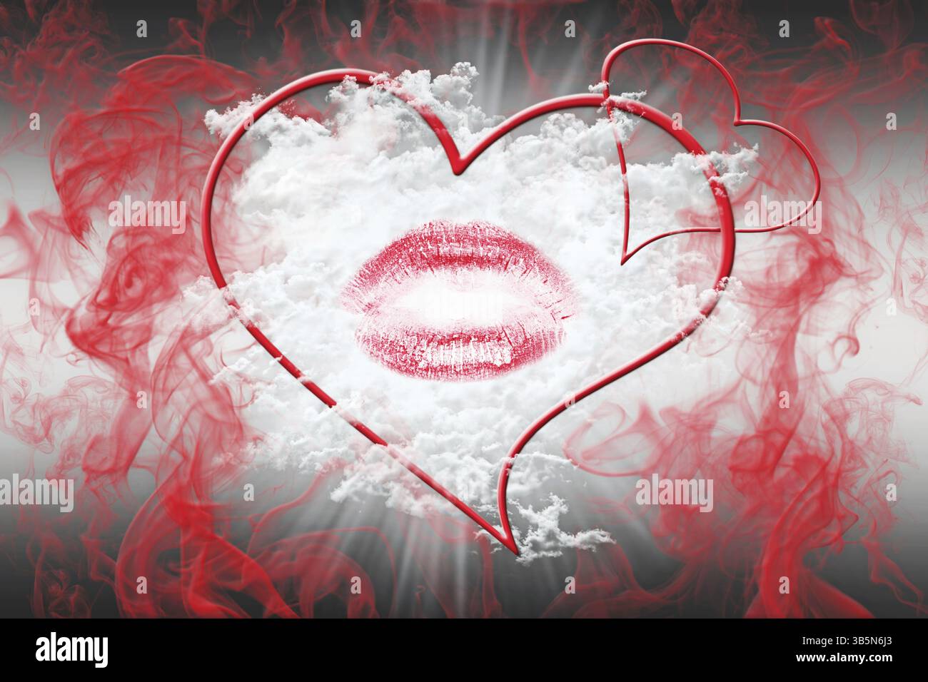 Heart and a Kiss With Red Smoke and White Fluffy Clouds. Valentine's Day Concept 3D Illustration ...